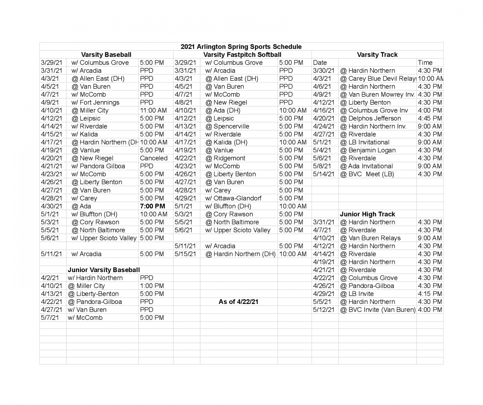 Spring Sports Schedule - Arlington Local Schools
