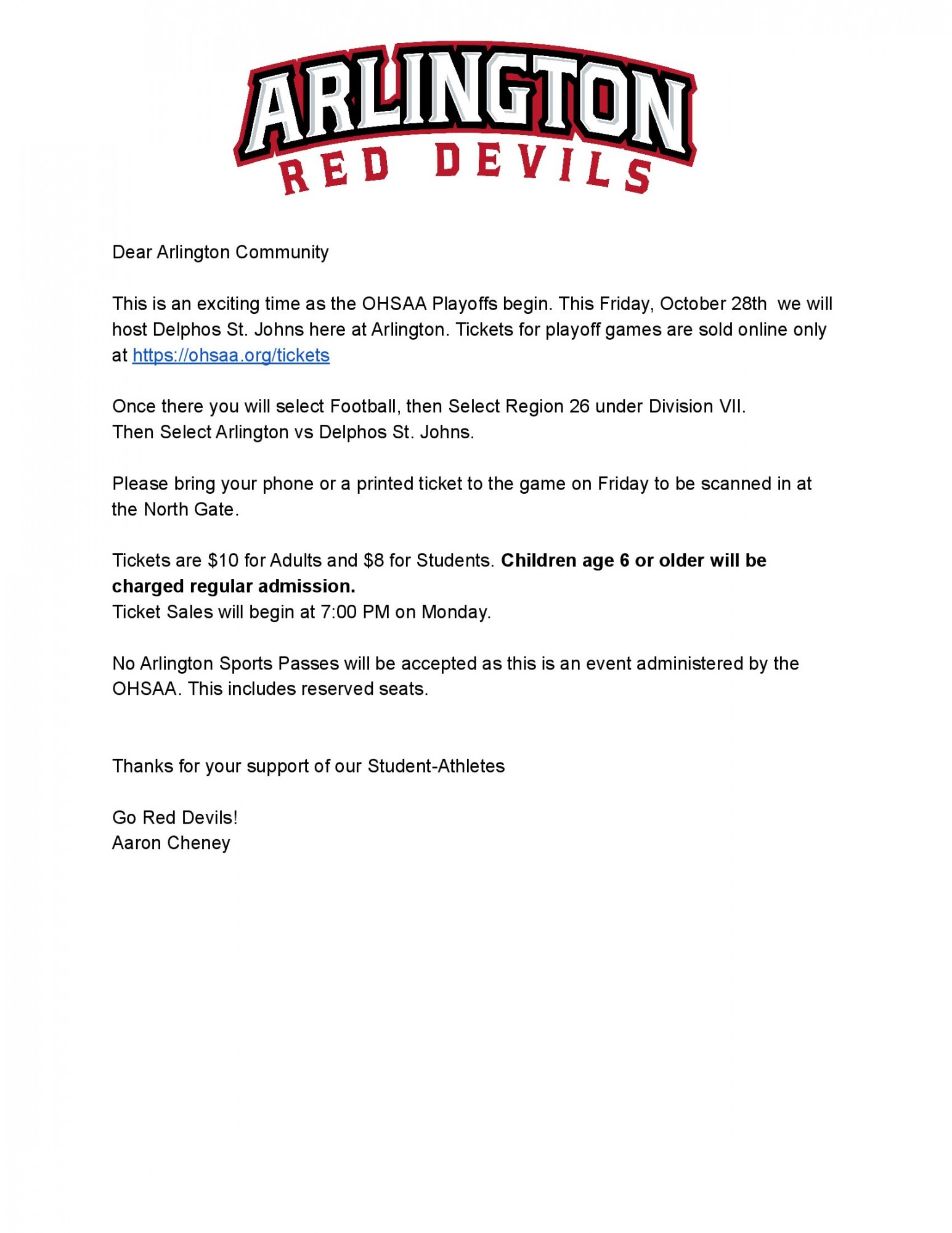Football Playoff Ticket Information - Arlington Local Schools