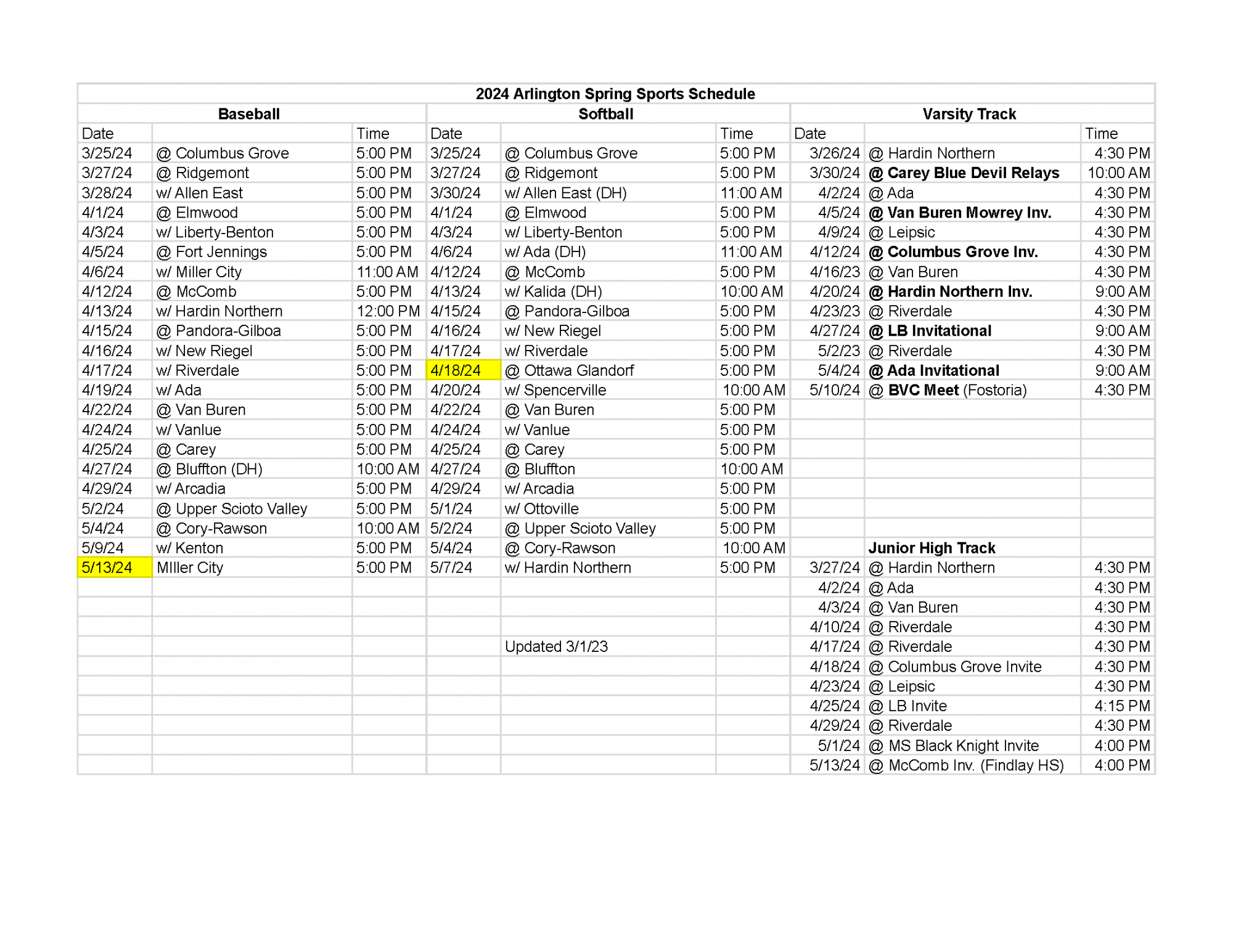 Spring Sports Schedule - Arlington Local Schools