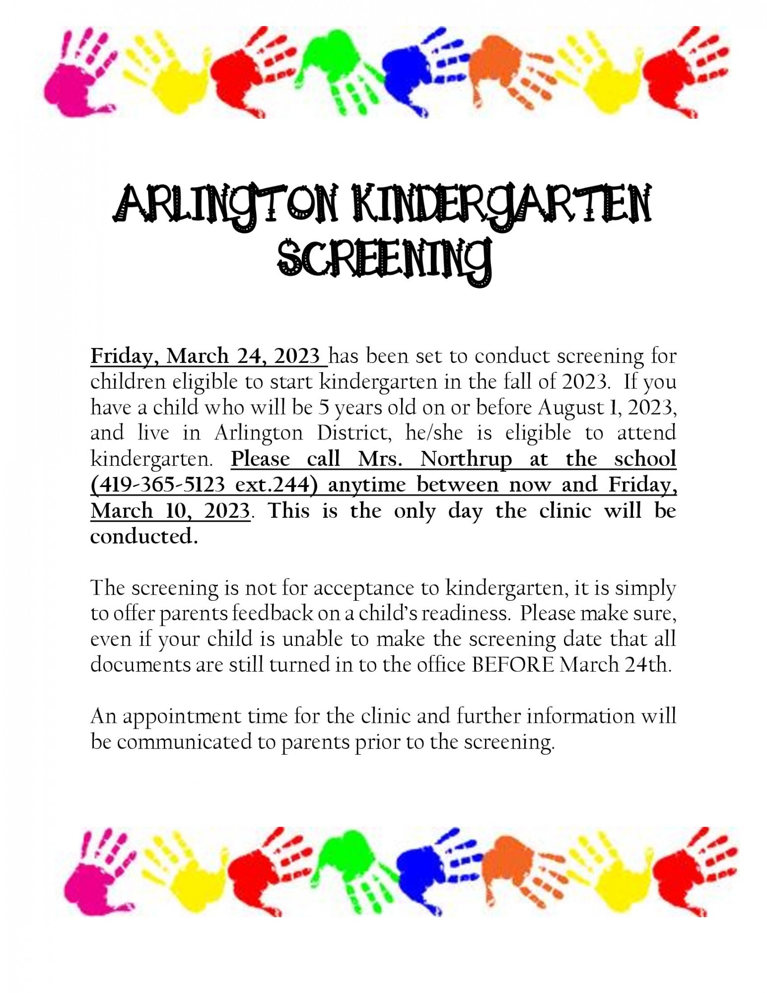 Kindergarten Screening - Arlington Local Schools